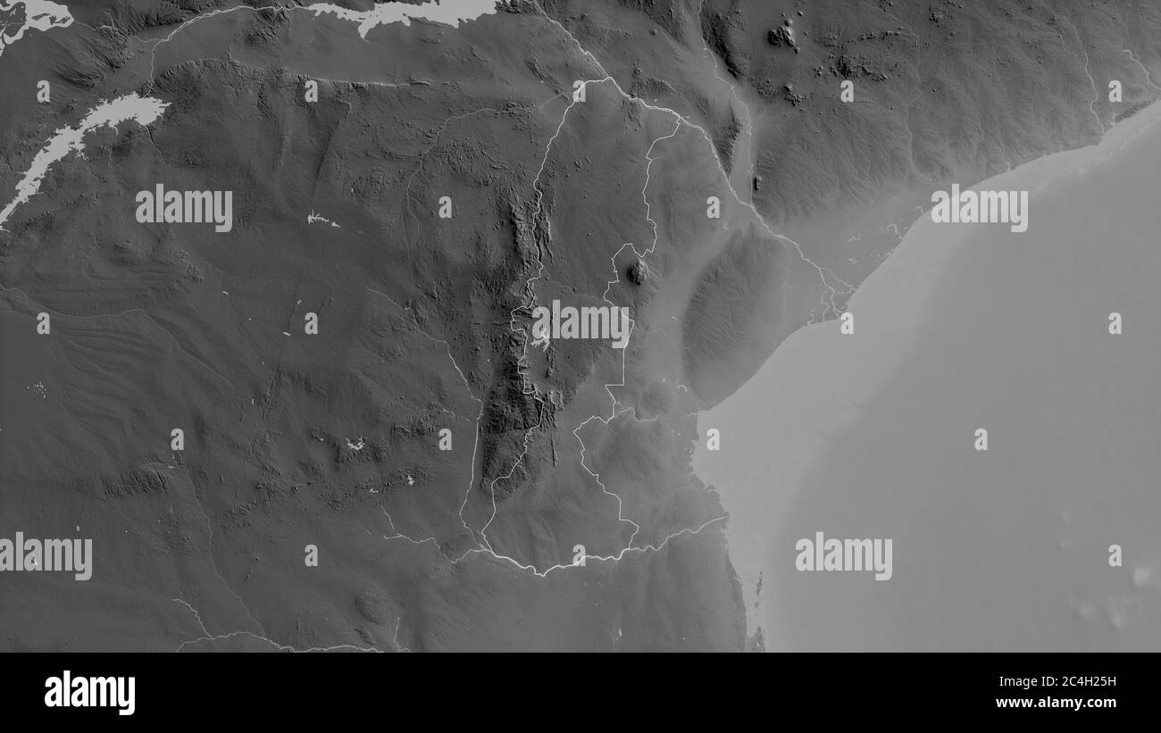Manica, province of Mozambique. Grayscaled map with lakes and rivers ...