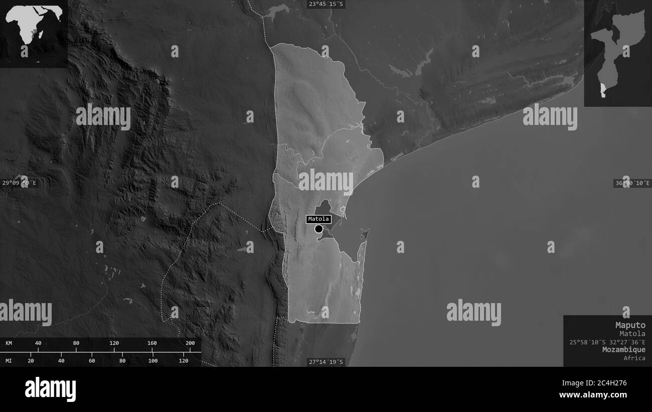 Maputo, province of Mozambique. Grayscaled map with lakes and rivers ...