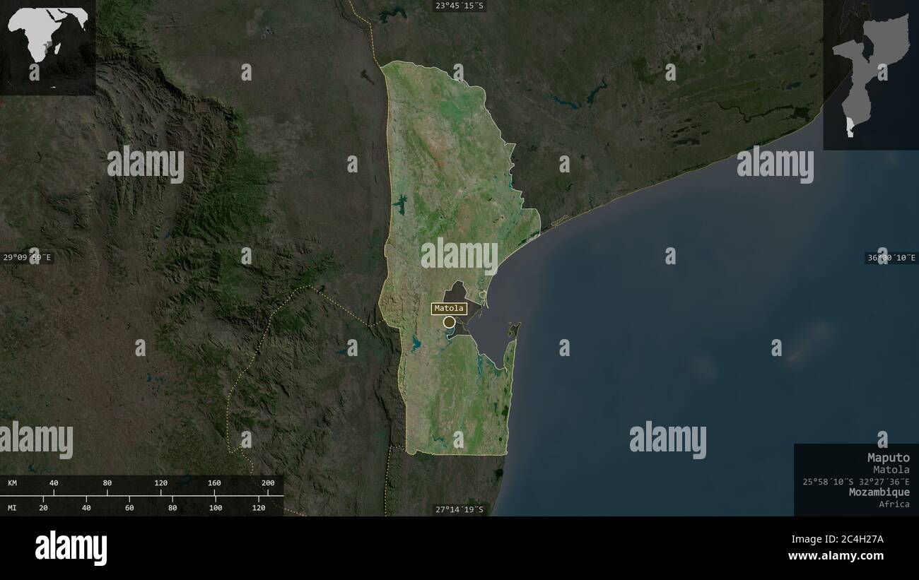 Maputo, province of Mozambique. Satellite imagery. Shape presented ...