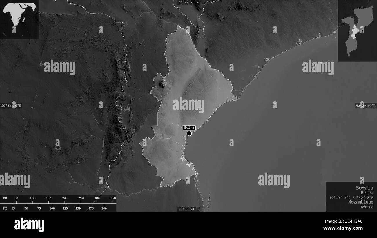 Sofala, province of Mozambique. Grayscaled map with lakes and rivers ...