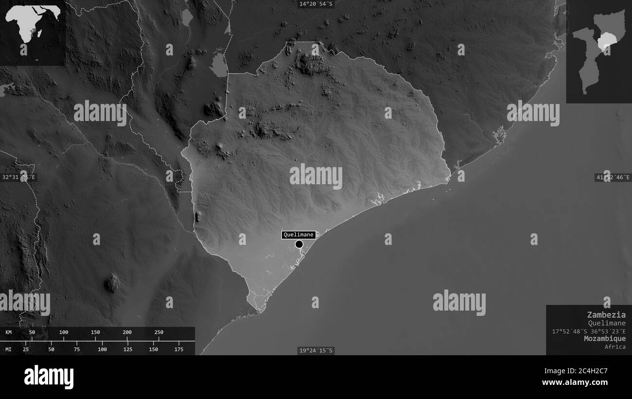 Zambezia, province of Mozambique. Grayscaled map with lakes and rivers ...
