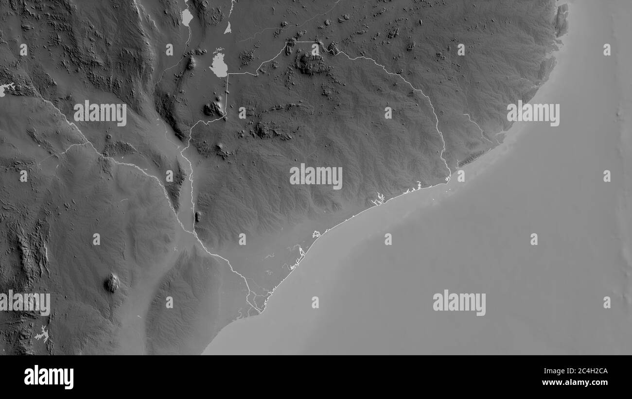 Zambezia, province of Mozambique. Grayscaled map with lakes and rivers ...