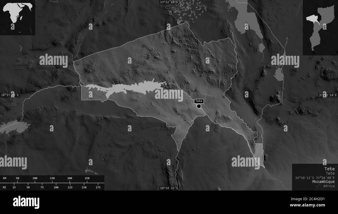 Tete, province of Mozambique. Grayscaled map with lakes and rivers ...