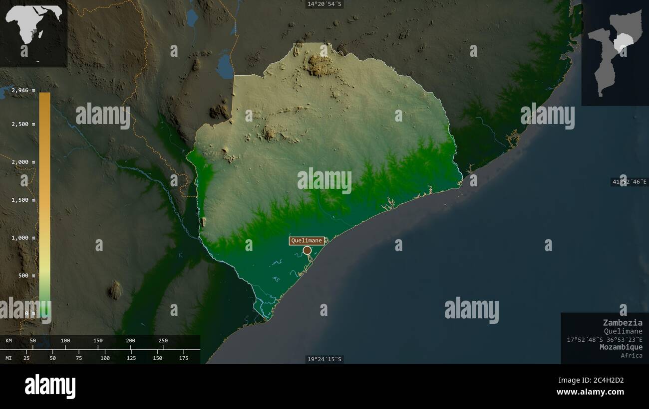 Zambezia, province of Mozambique. Colored shader data with lakes and ...