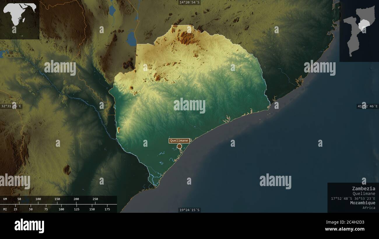 Zambezia, province of Mozambique. Colored relief with lakes and rivers ...