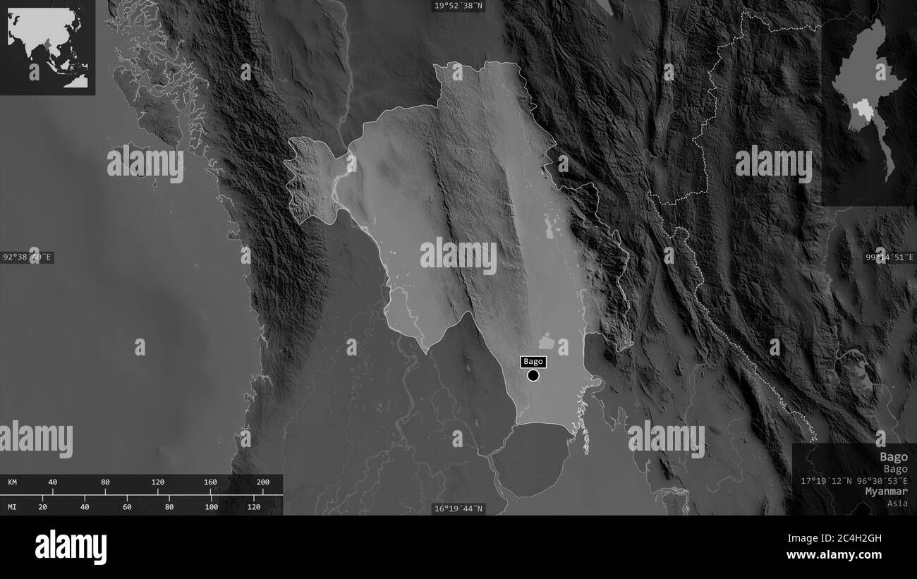 Bago, division of Myanmar. Grayscaled map with lakes and rivers. Shape ...