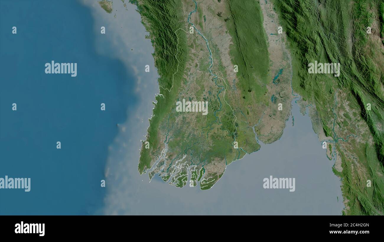 Ayeyarwady, division of Myanmar. Satellite imagery. Shape outlined ...