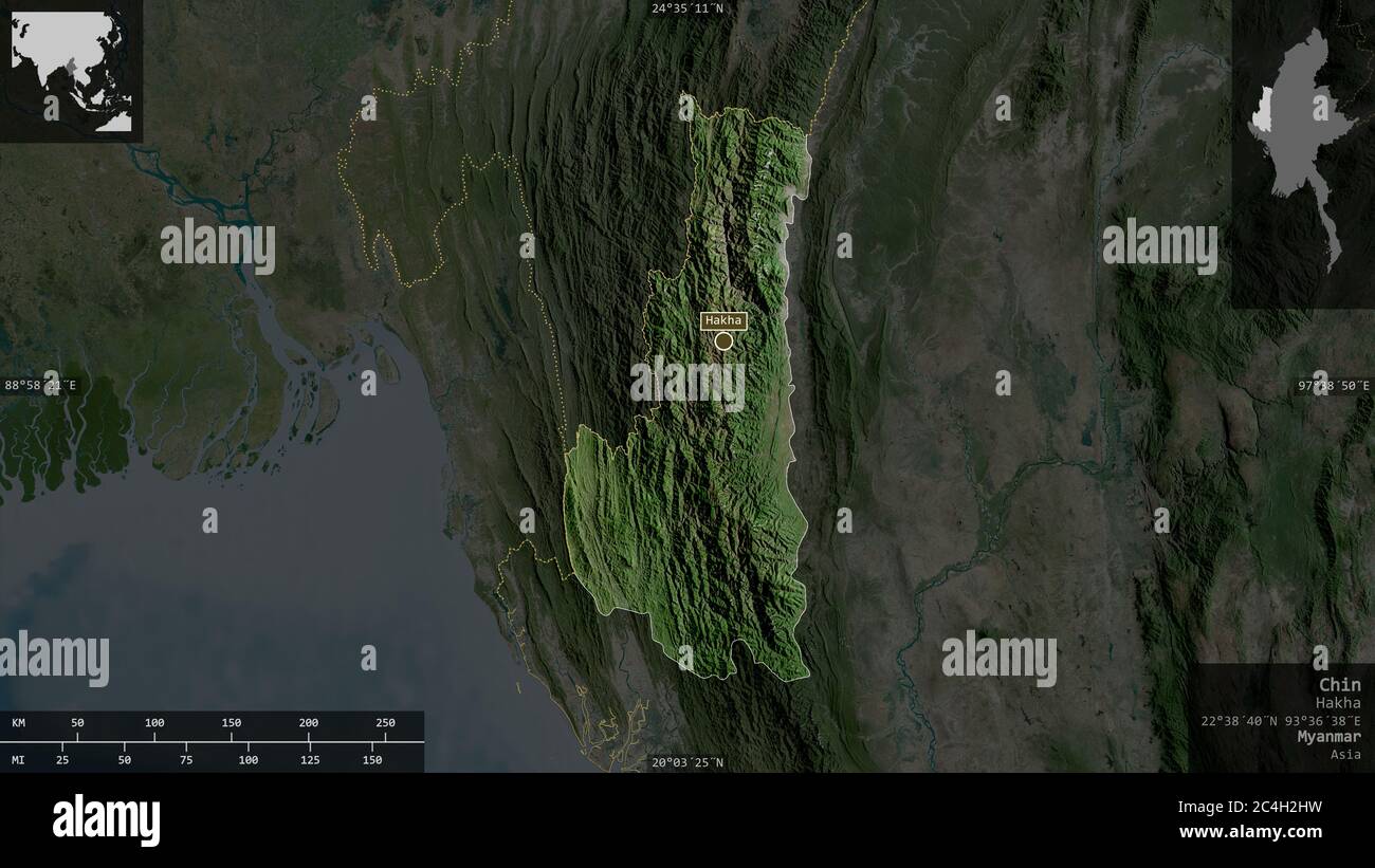 Chin, state of Myanmar. Satellite imagery. Shape presented against its ...