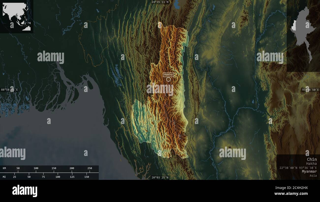 Chin, state of Myanmar. Colored relief with lakes and rivers. Shape ...