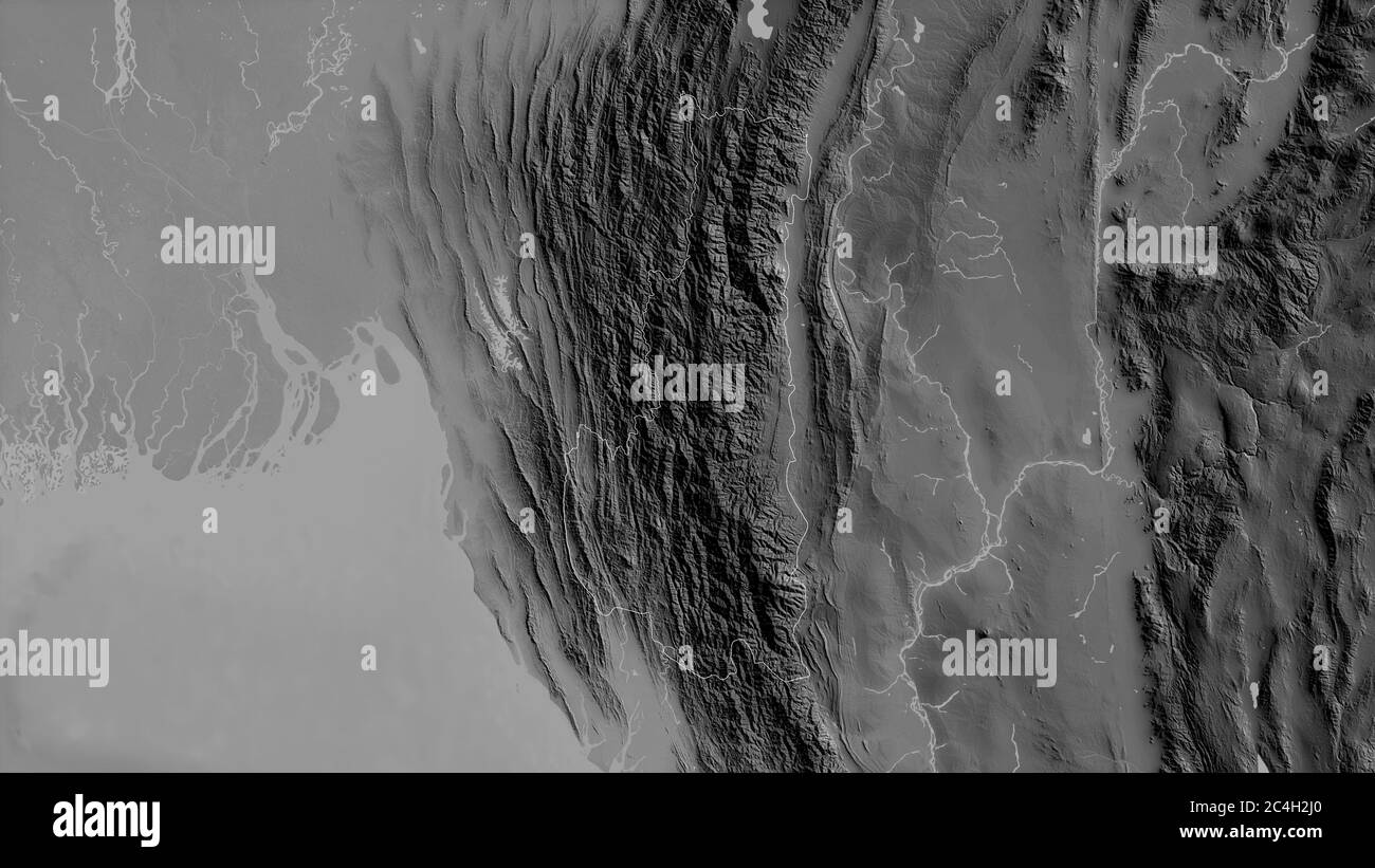 Chin, state of Myanmar. Grayscaled map with lakes and rivers. Shape ...