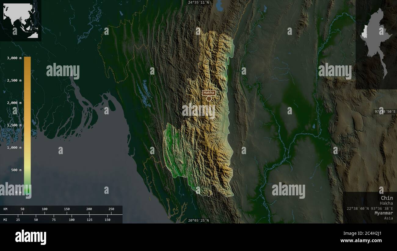 Chin, state of Myanmar. Colored shader data with lakes and rivers ...