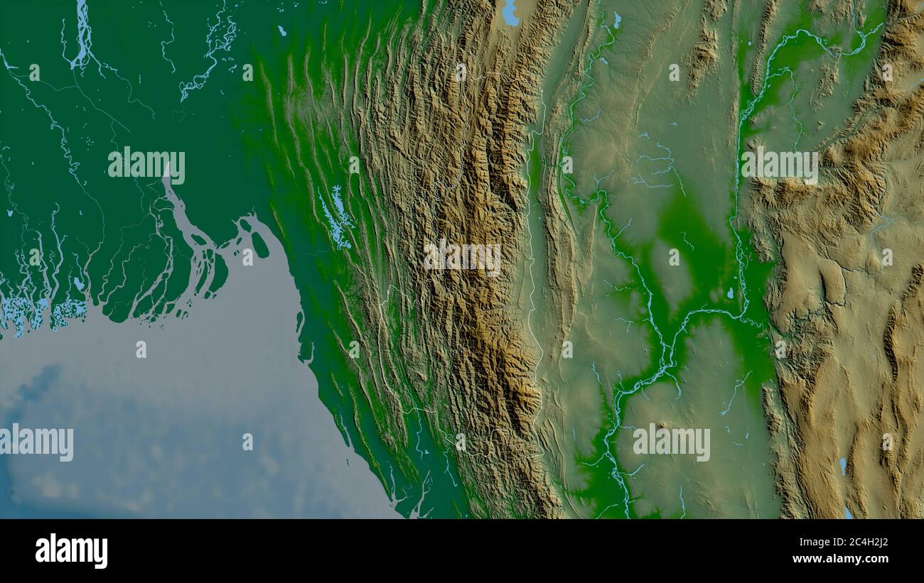 Chin, state of Myanmar. Colored shader data with lakes and rivers ...