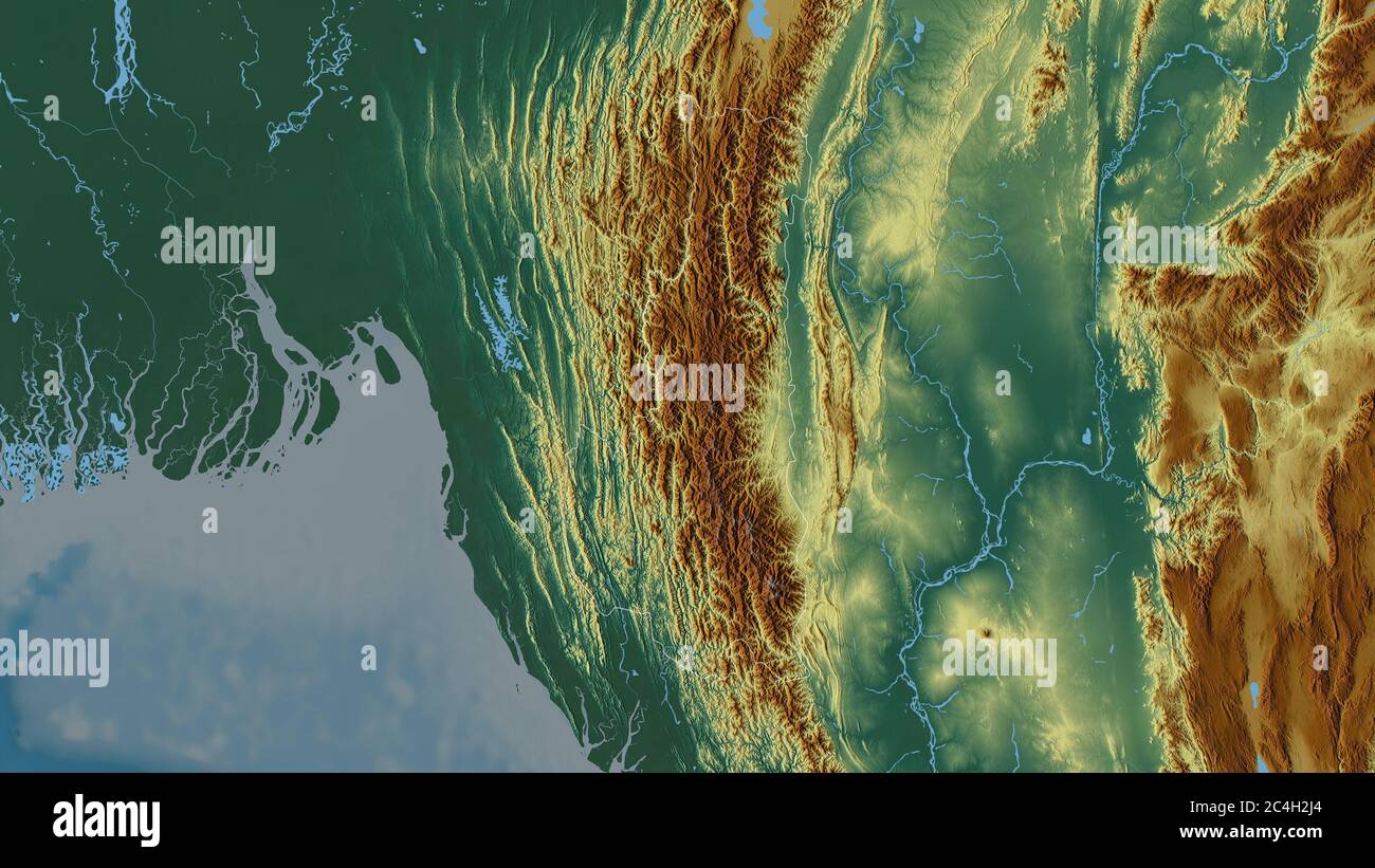 Chin, state of Myanmar. Colored relief with lakes and rivers. Shape ...