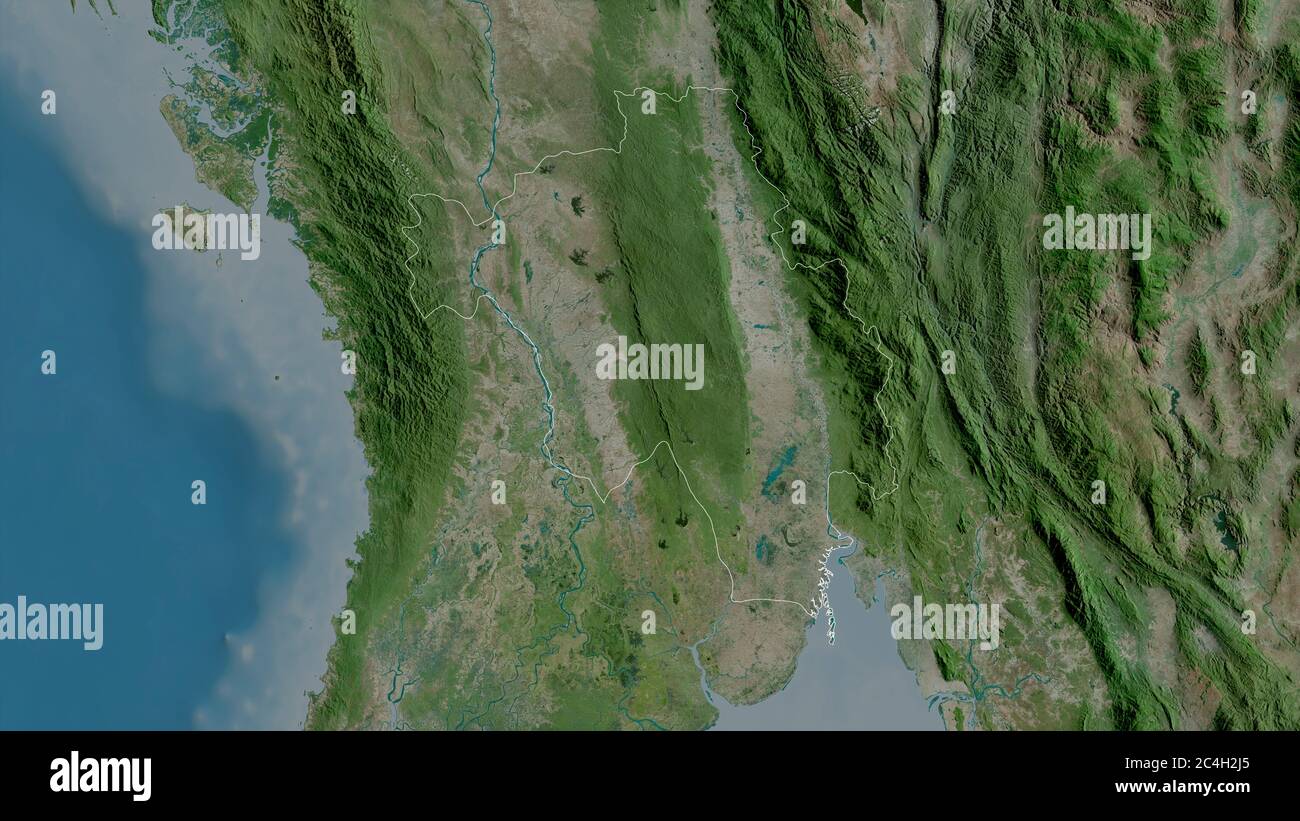 Bago Division Of Myanmar Satellite Imagery Shape Outlined Against bago-division-of-myanmar-satellite-imagery-shape-outlined-against