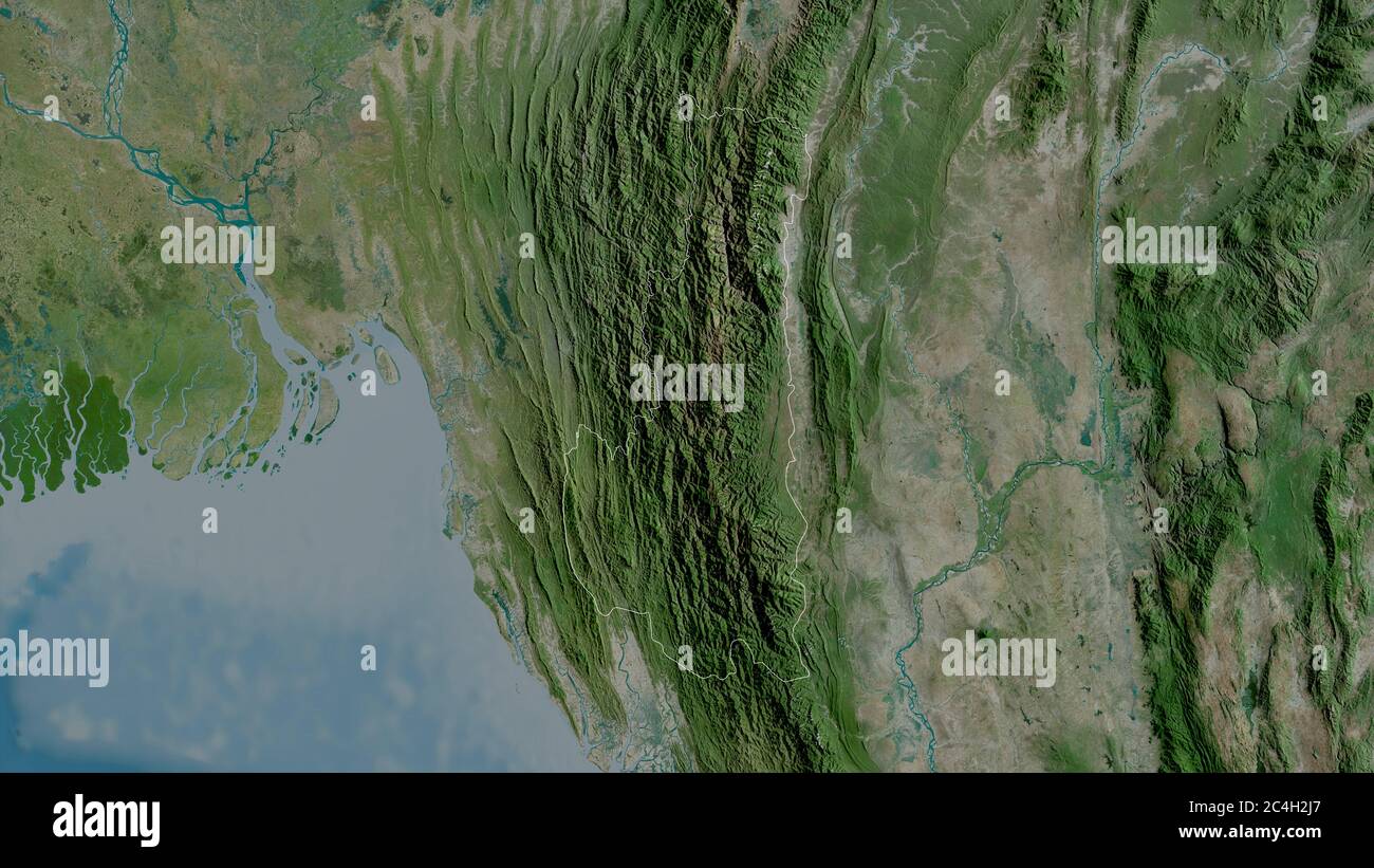 Chin, state of Myanmar. Satellite imagery. Shape outlined against its ...