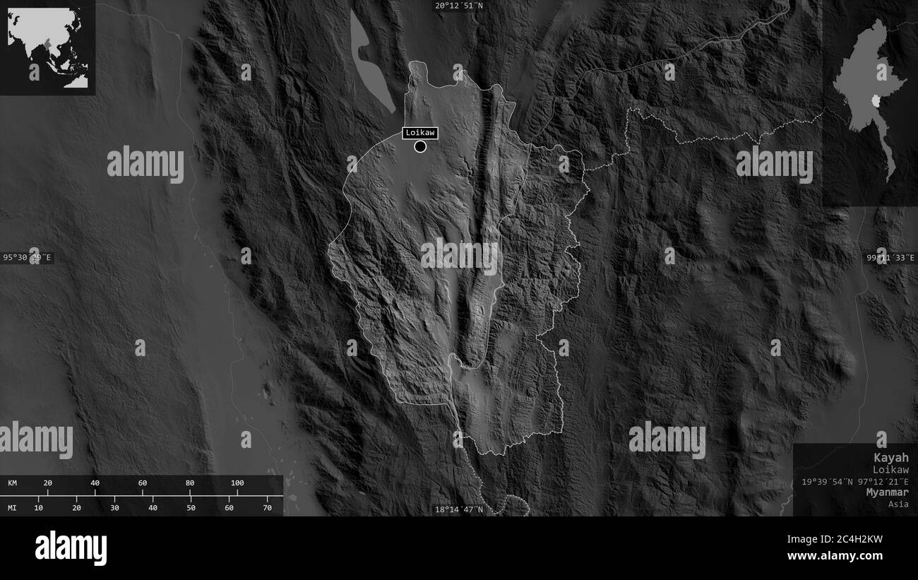 Kayah, state of Myanmar. Grayscaled map with lakes and rivers. Shape ...