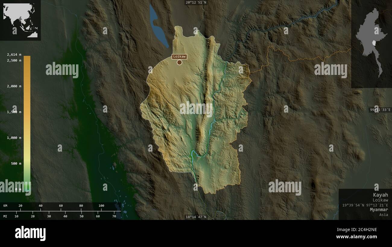 Kayah, state of Myanmar. Colored shader data with lakes and rivers ...