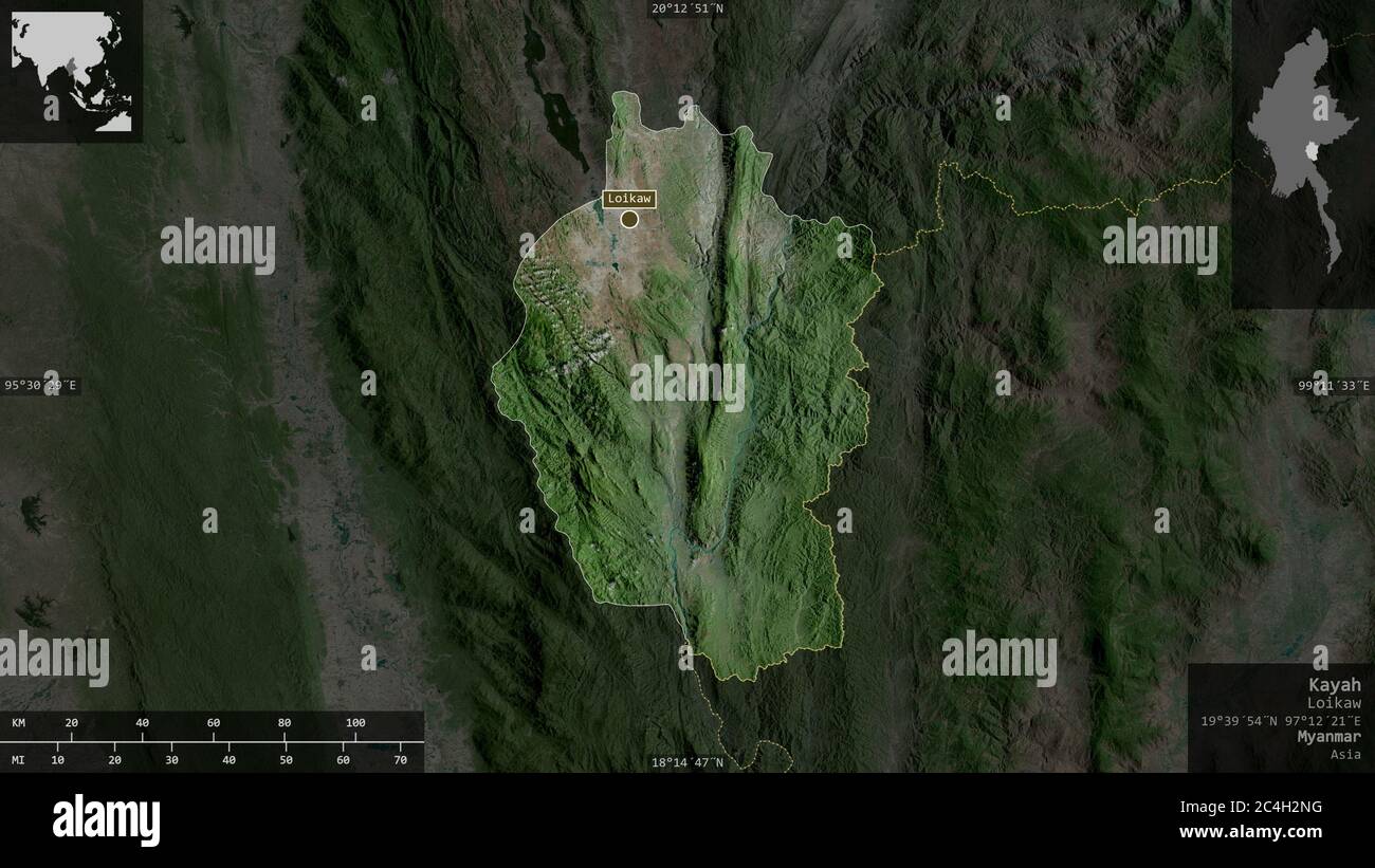 Kayah, state of Myanmar. Satellite imagery. Shape presented against its ...