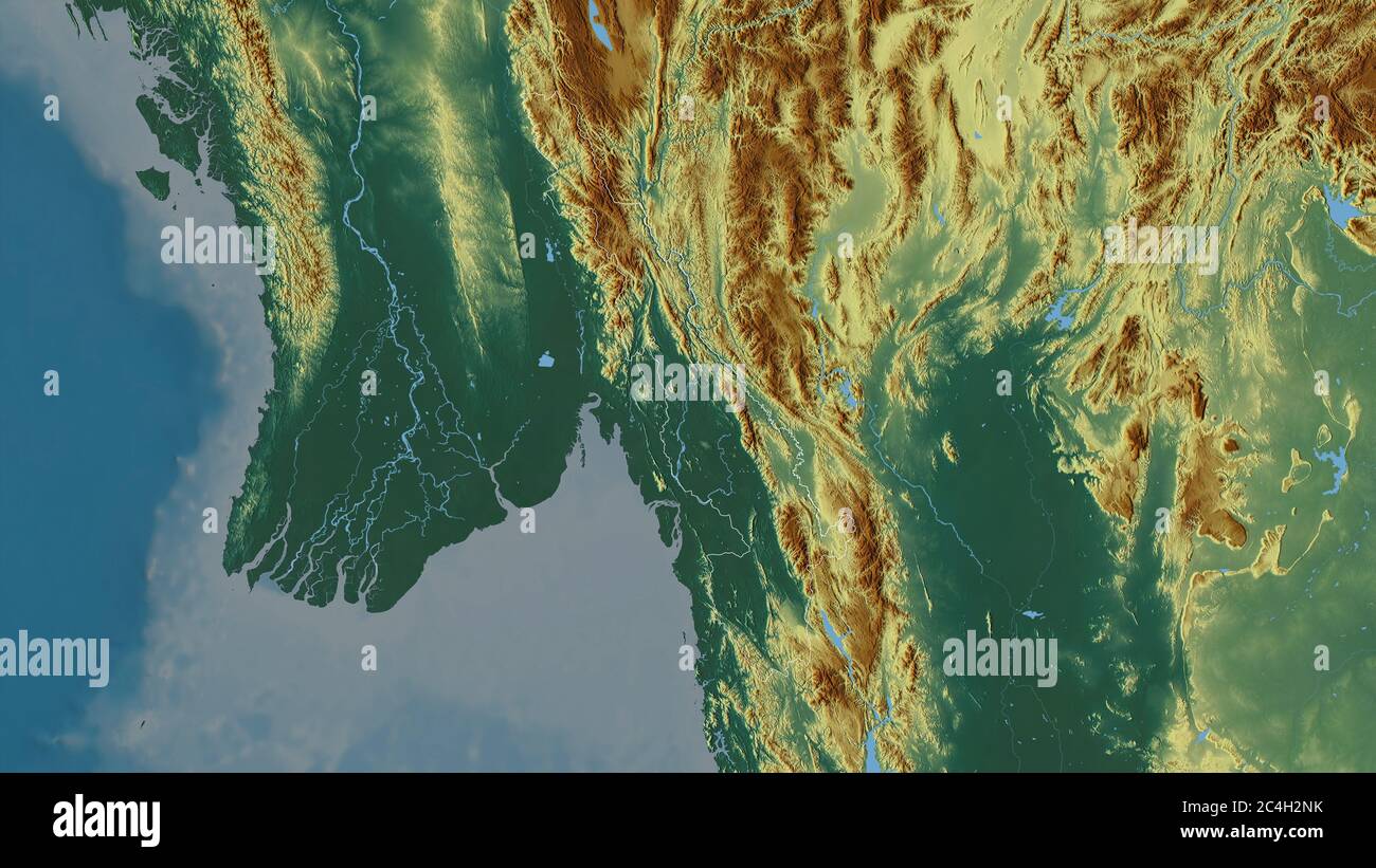 Kayin, state of Myanmar. Colored relief with lakes and rivers. Shape ...