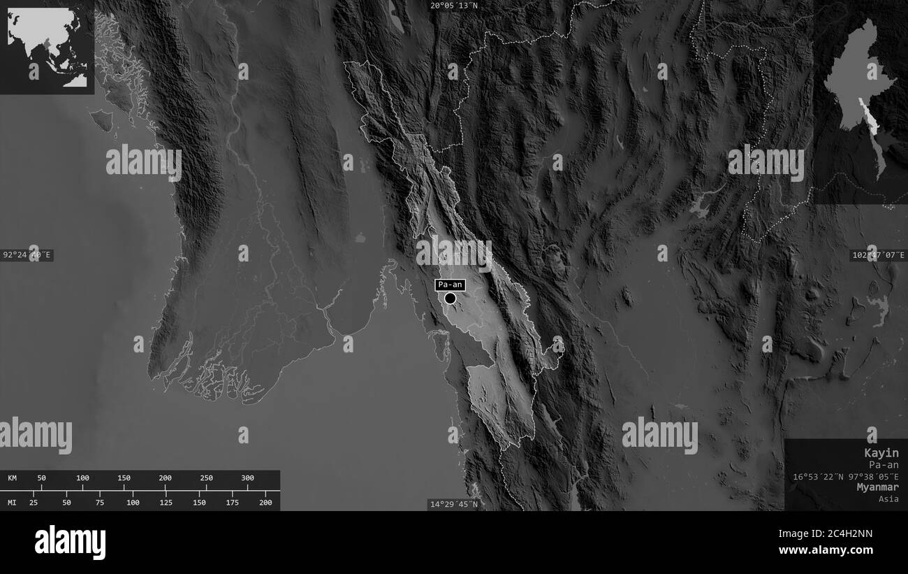 Kayin, state of Myanmar. Grayscaled map with lakes and rivers. Shape ...