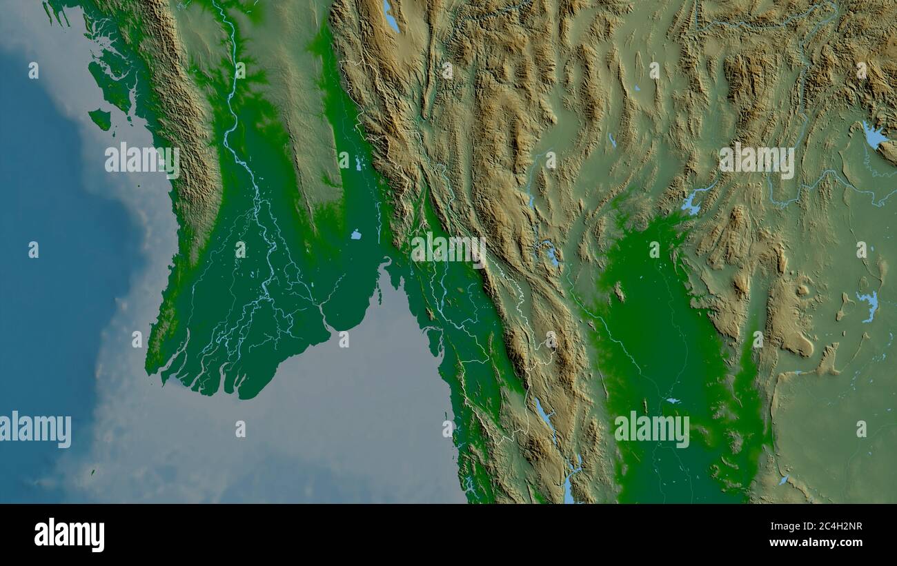 Kayin, state of Myanmar. Colored shader data with lakes and rivers ...