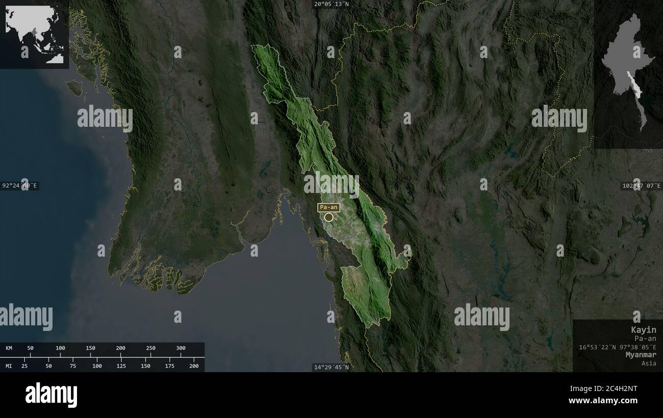 Kayin, state of Myanmar. Satellite imagery. Shape presented against its ...