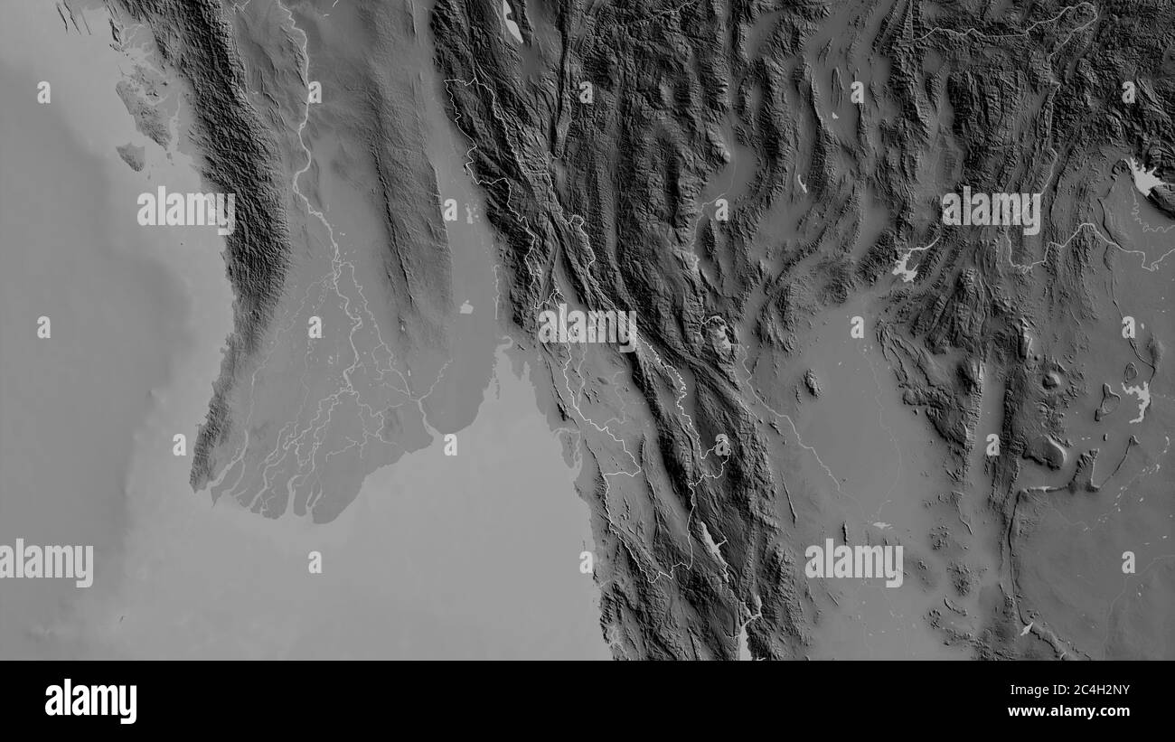 Kayin, state of Myanmar. Grayscaled map with lakes and rivers. Shape ...