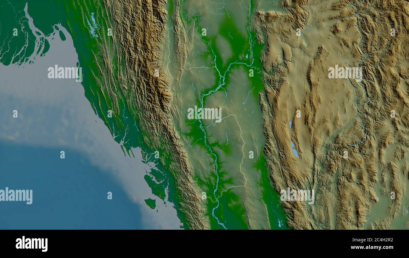 Magway, division of Myanmar. Colored shader data with lakes and rivers ...