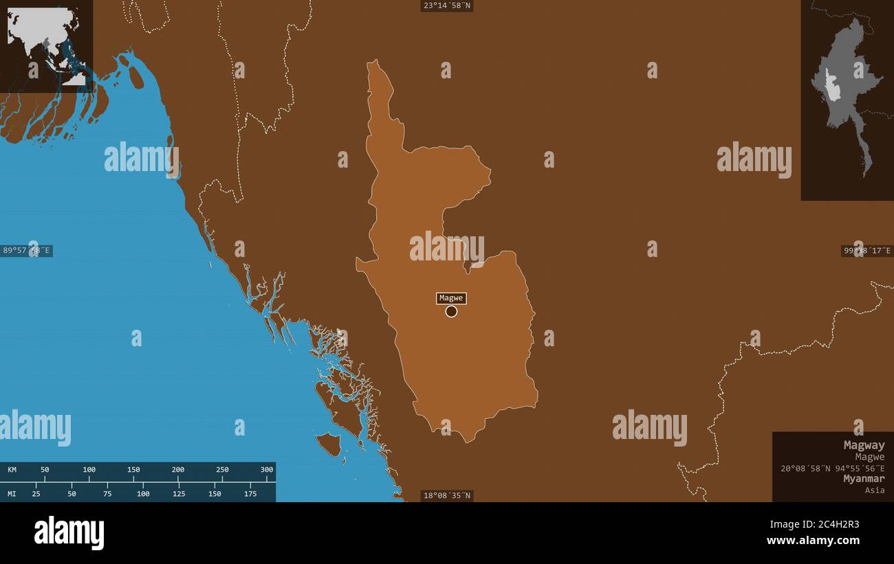 Magway, division of Myanmar. Patterned solids with lakes and rivers ...
