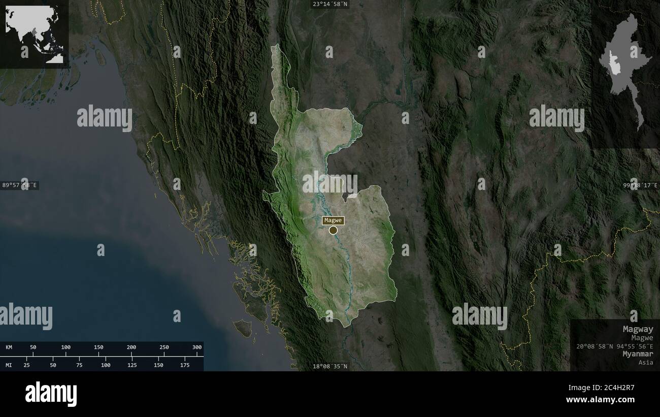 Magway, division of Myanmar. Satellite imagery. Shape presented against ...