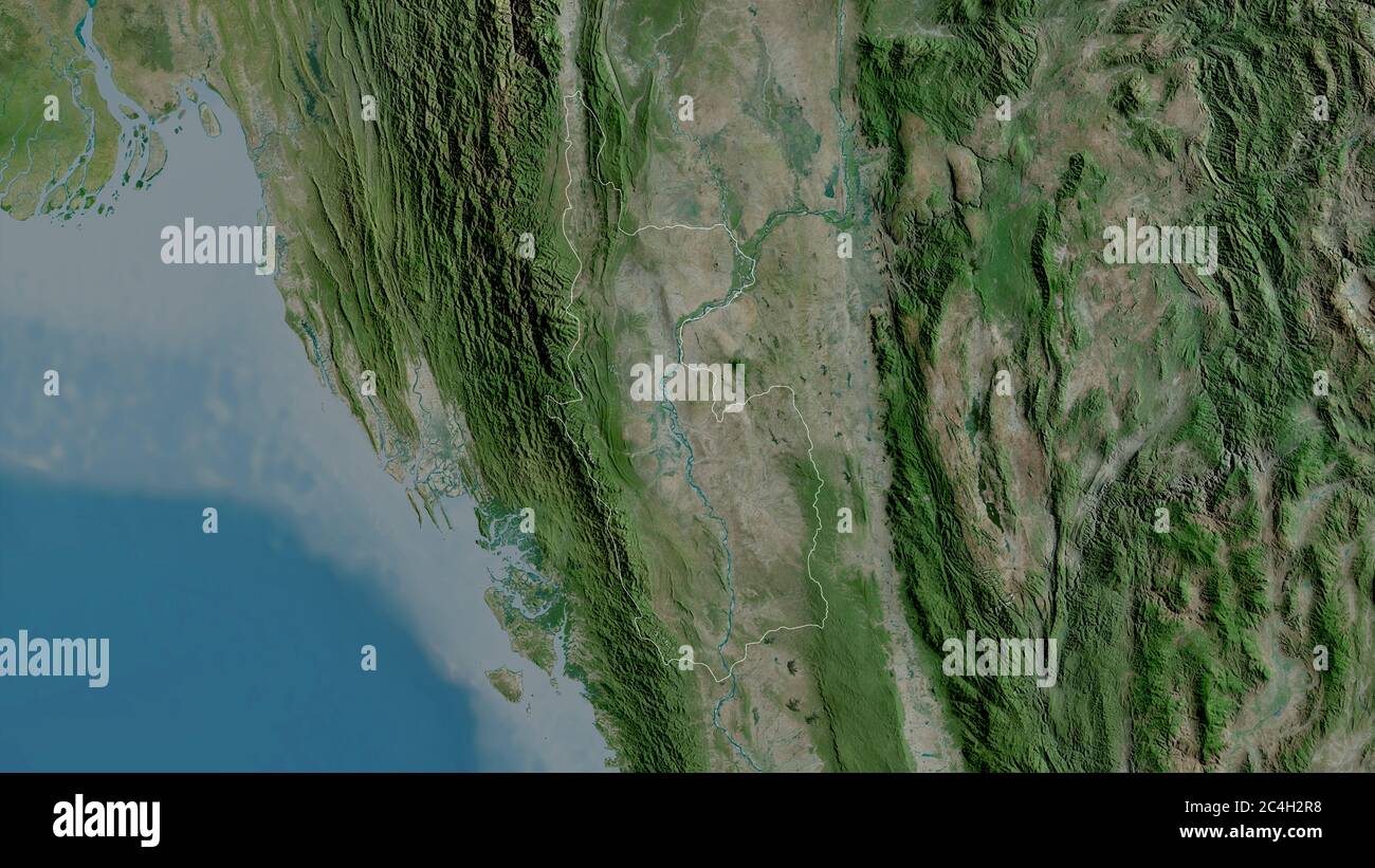Magway, division of Myanmar. Satellite imagery. Shape outlined against ...