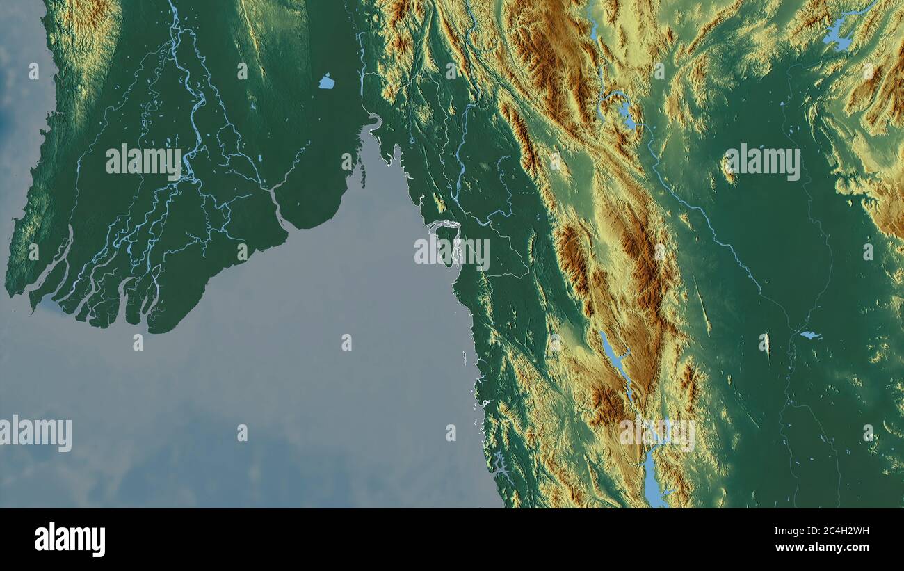 Mon, state of Myanmar. Colored relief with lakes and rivers. Shape ...