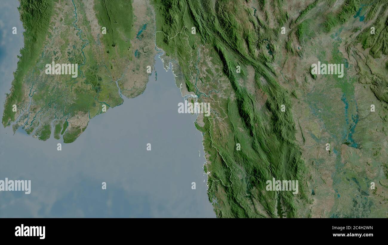 Mon, state of Myanmar. Satellite imagery. Shape outlined against its ...
