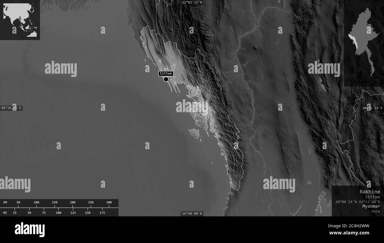 Rakhine, state of Myanmar. Grayscaled map with lakes and rivers. Shape ...