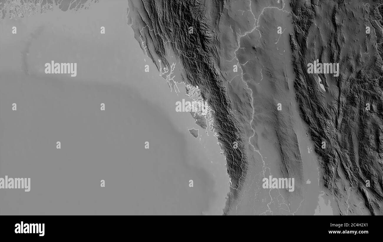 Rakhine, state of Myanmar. Grayscaled map with lakes and rivers. Shape ...