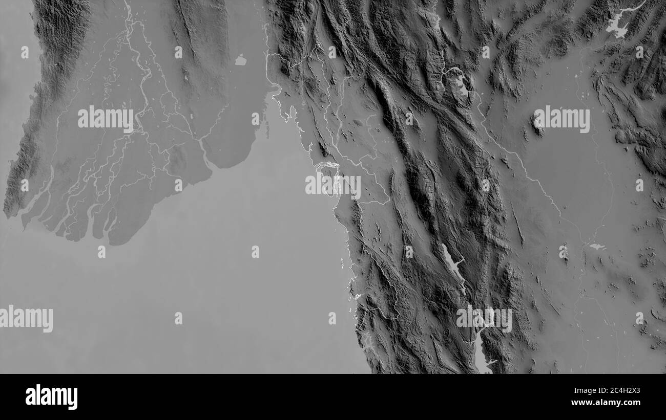 Mon, state of Myanmar. Grayscaled map with lakes and rivers. Shape ...