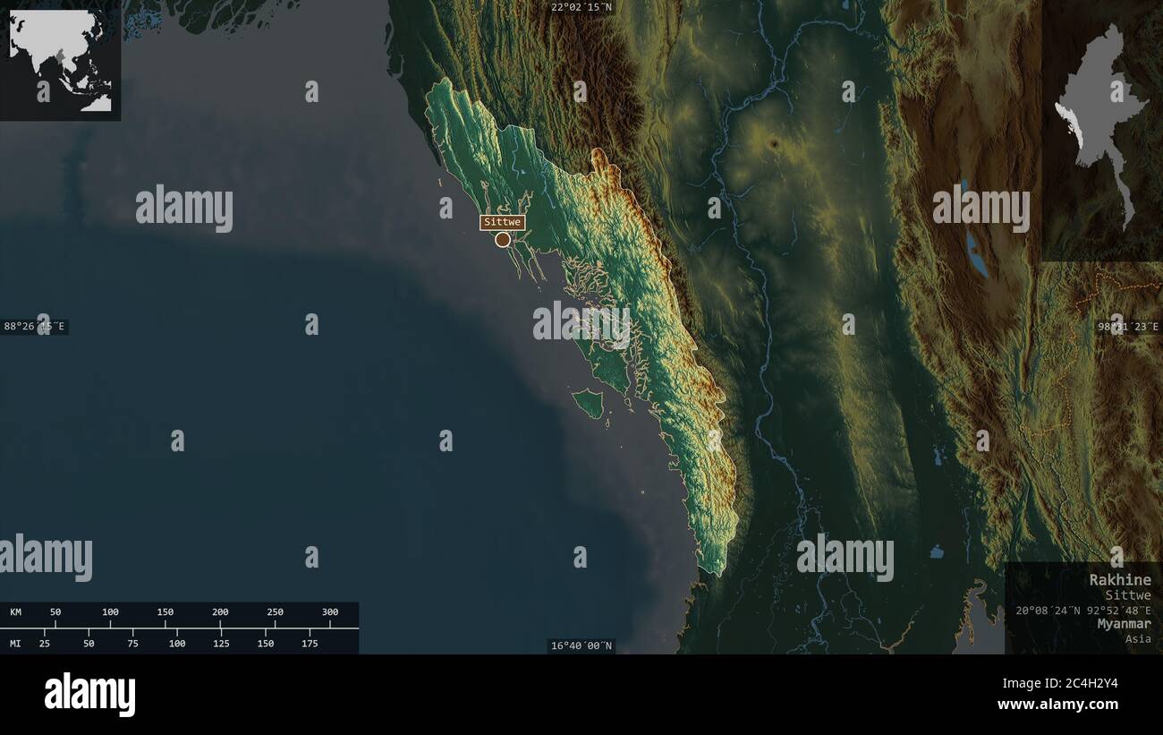 Rakhine, state of Myanmar. Colored relief with lakes and rivers. Shape ...