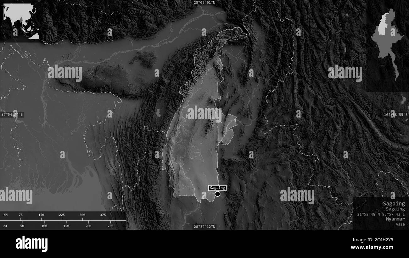 Sagaing, division of Myanmar. Grayscaled map with lakes and rivers ...
