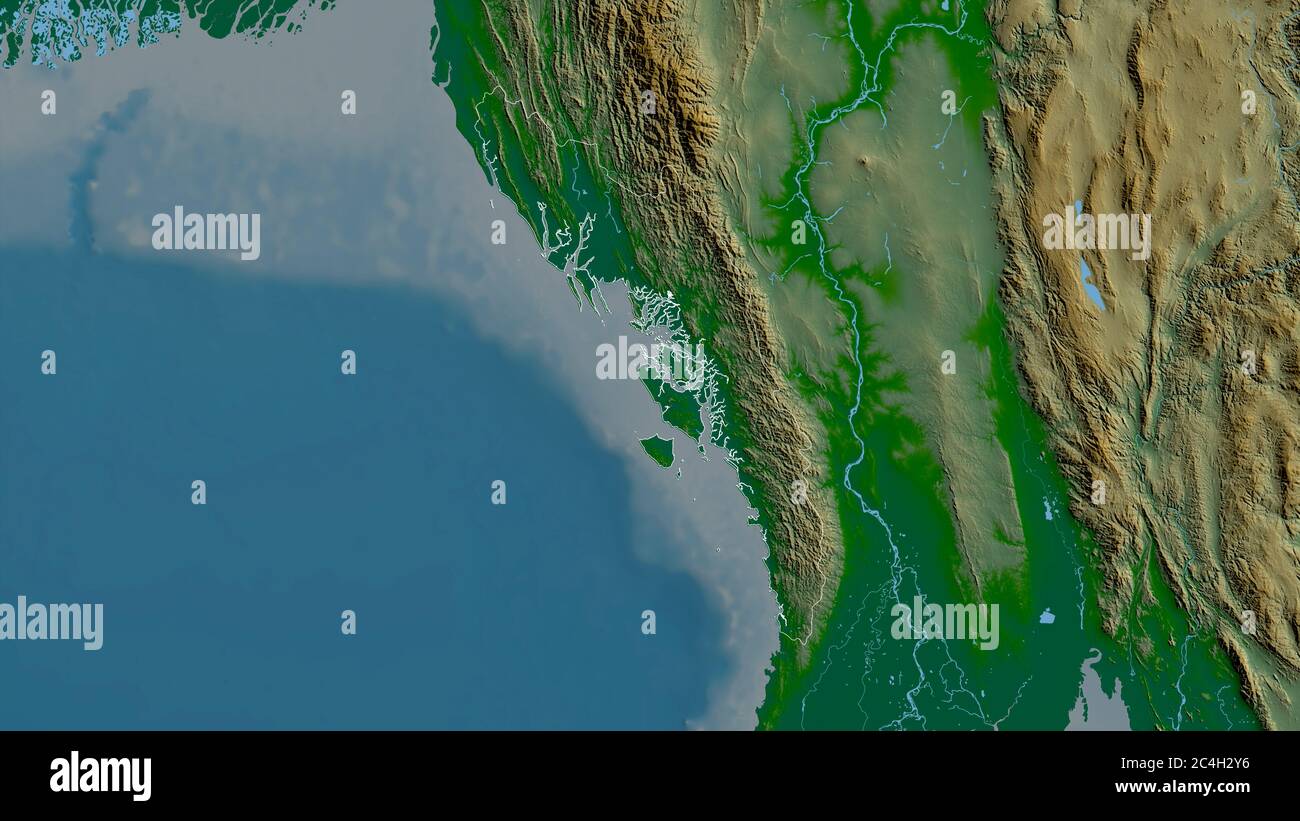 Rakhine, state of Myanmar. Colored shader data with lakes and rivers ...