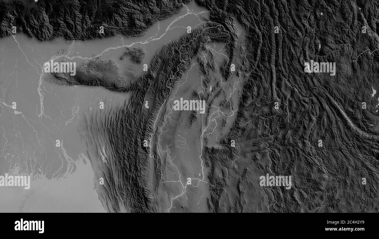 Sagaing, division of Myanmar. Grayscaled map with lakes and rivers. Shape outlined against its ...