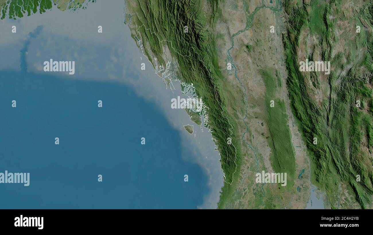 Rakhine, state of Myanmar. Satellite imagery. Shape outlined against ...