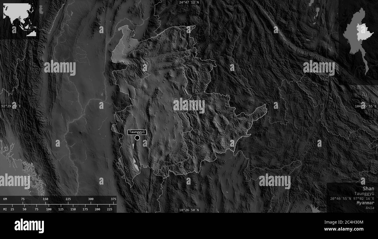 Shan, state of Myanmar. Grayscaled map with lakes and rivers. Shape ...