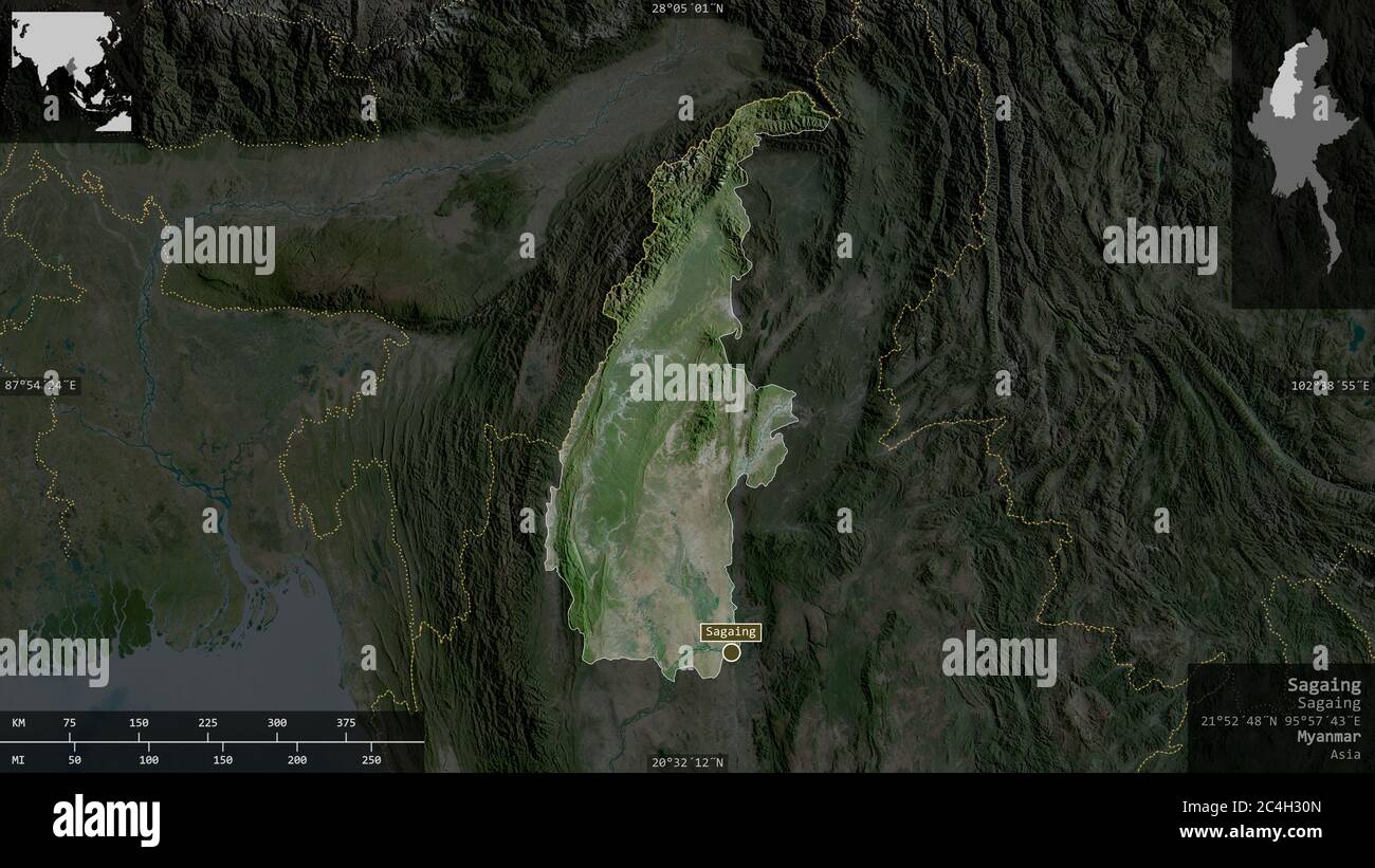 Sagaing, division of Myanmar. Satellite imagery. Shape presented ...