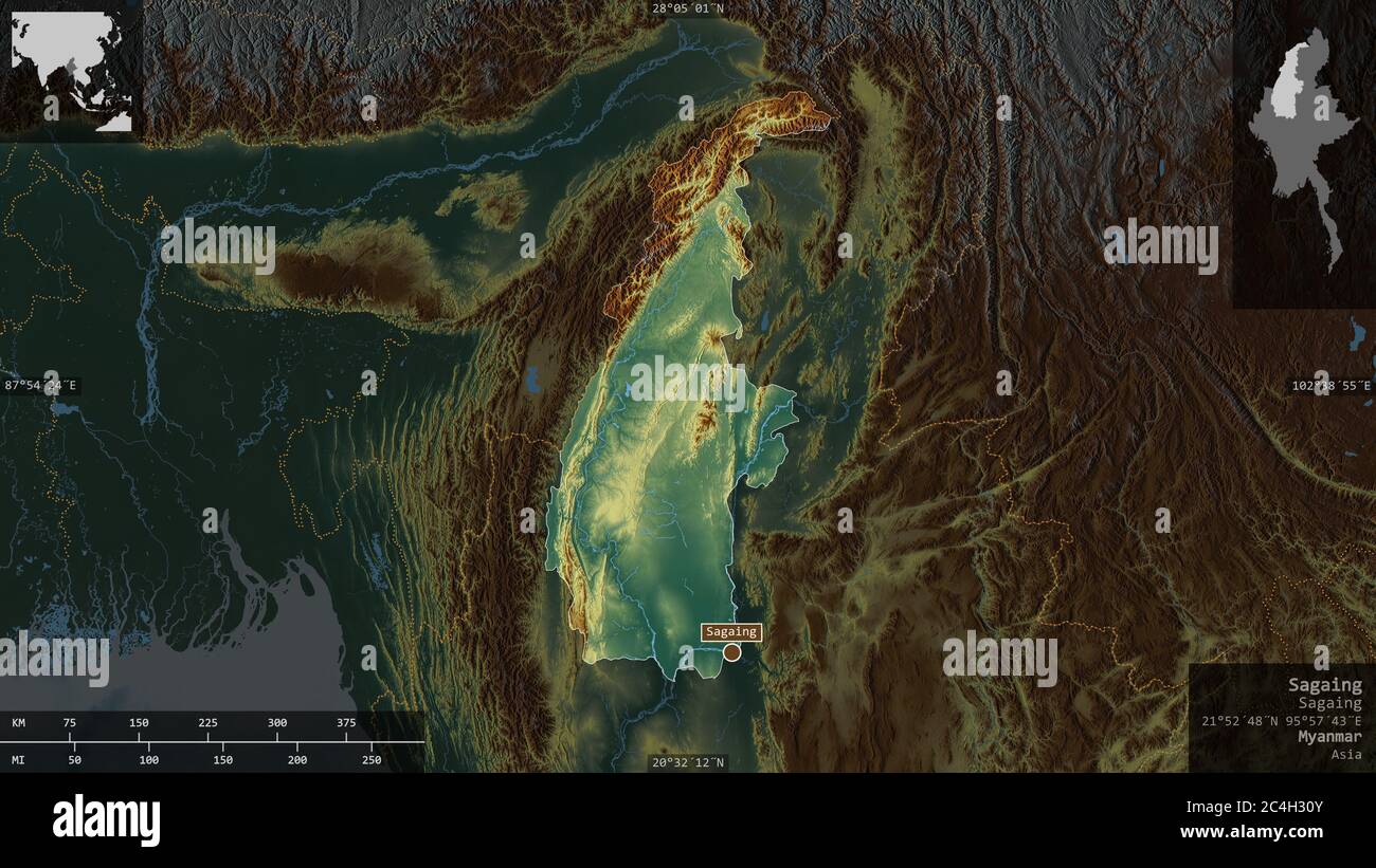 Sagaing, division of Myanmar. Colored relief with lakes and rivers ...