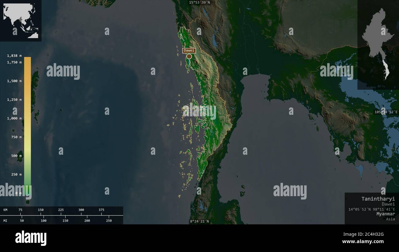 Tanintharyi, division of Myanmar. Colored shader data with lakes and ...