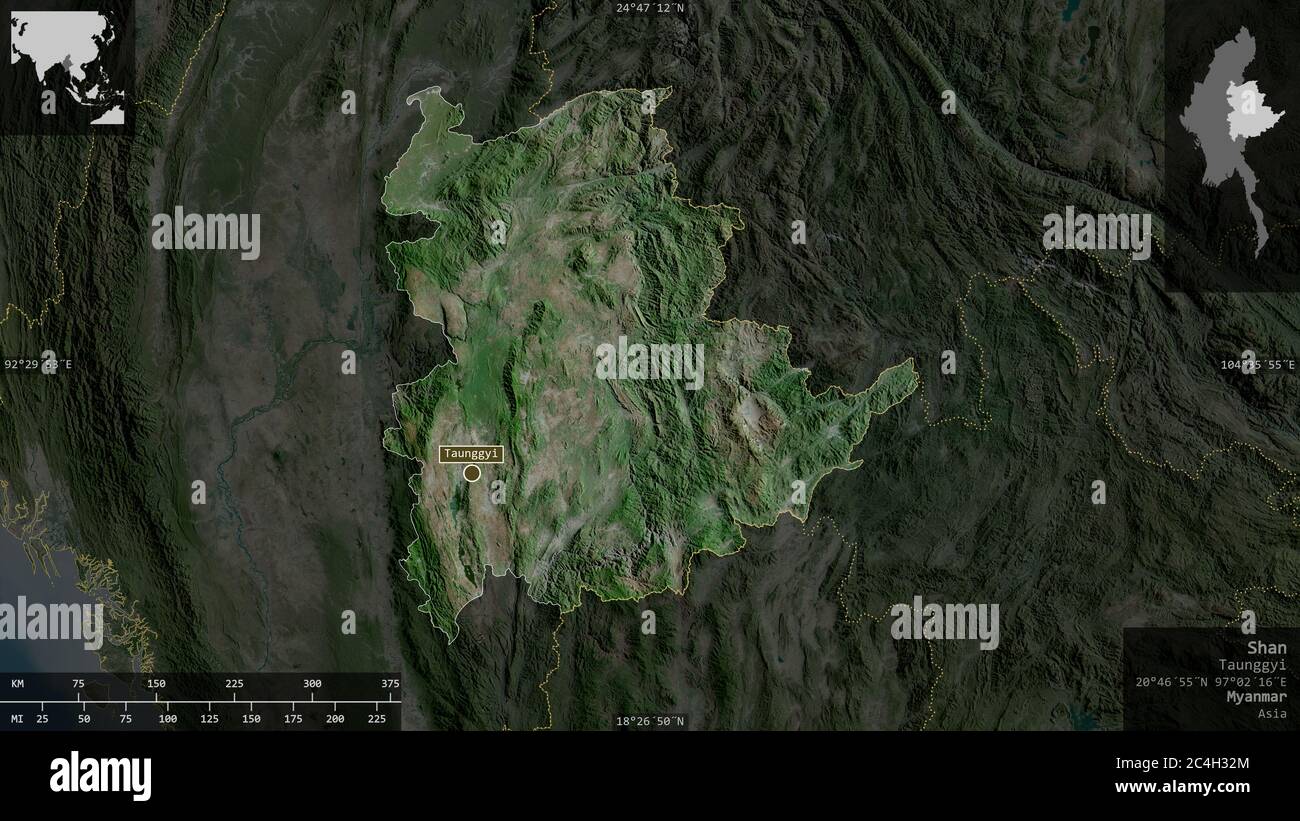 Shan, state of Myanmar. Satellite imagery. Shape presented against its ...