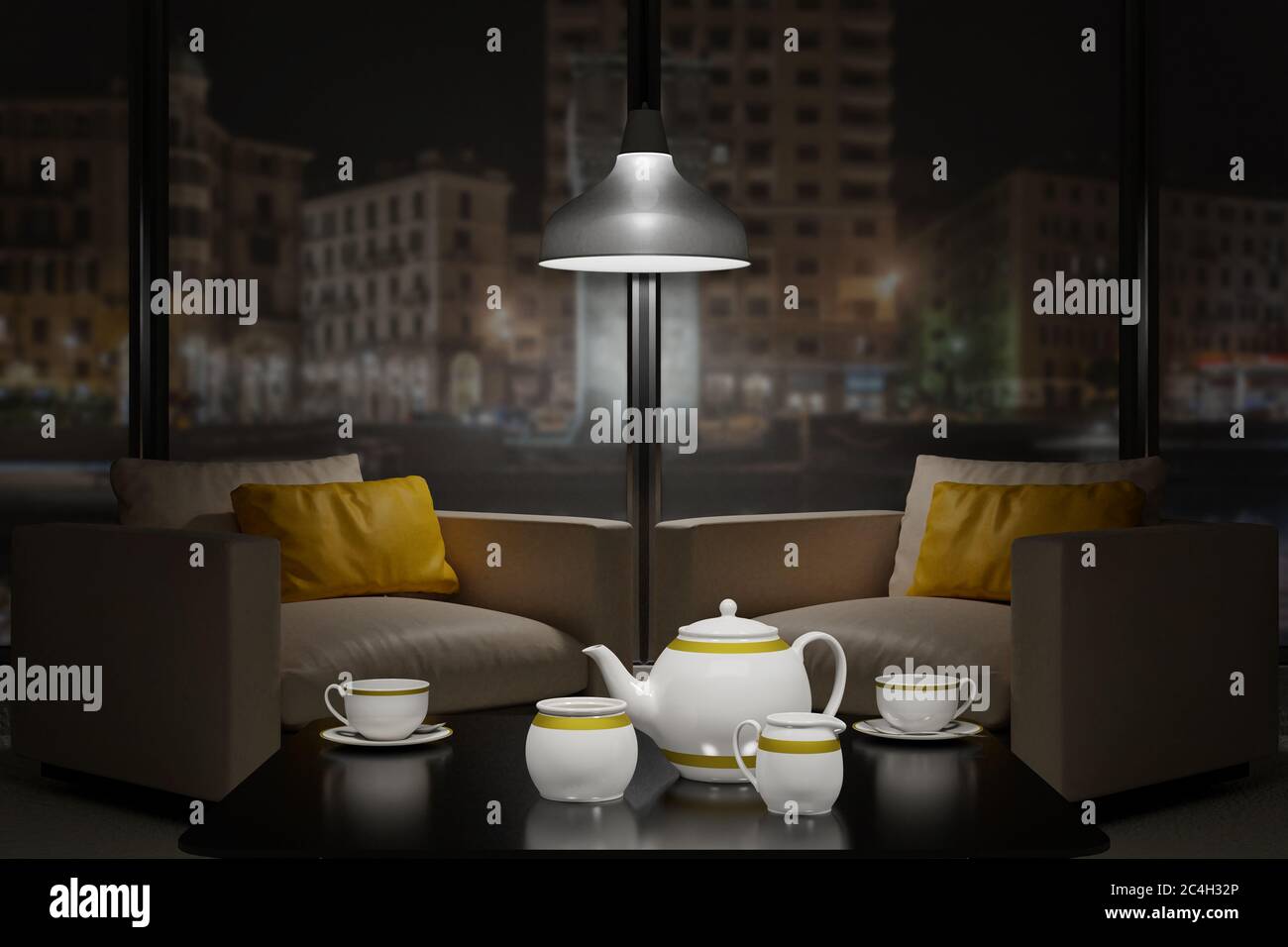 3D illustration. Home environment. Lounge with sofa, armchairs and ...