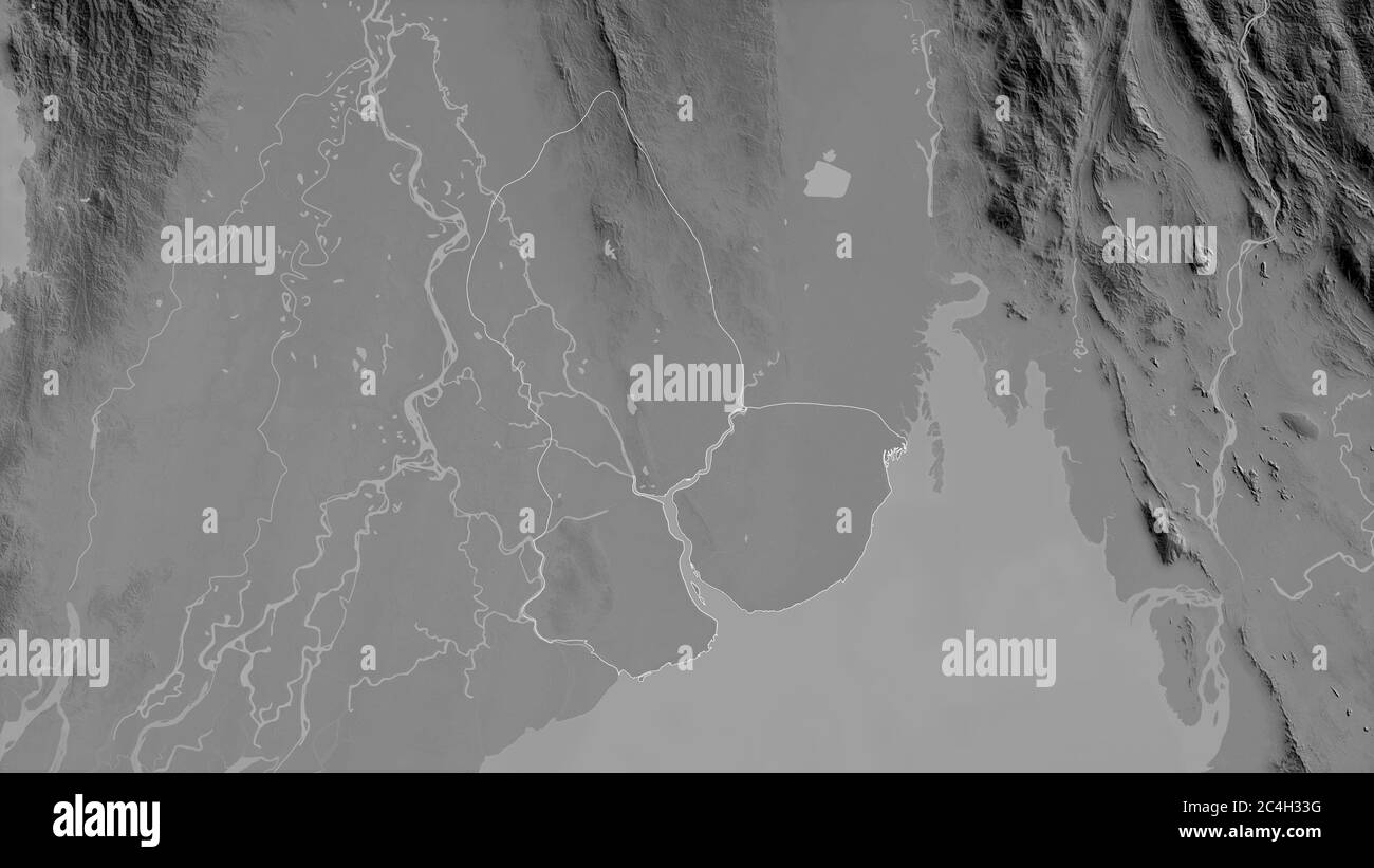 Yangon, division of Myanmar. Grayscaled map with lakes and rivers. Shape outlined against its ...