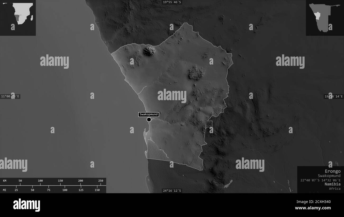 Erongo, region of Namibia. Grayscaled map with lakes and rivers. Shape ...
