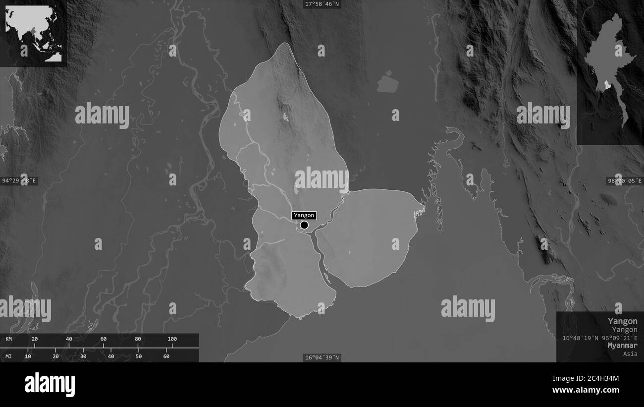 Yangon, division of Myanmar. Grayscaled map with lakes and rivers ...